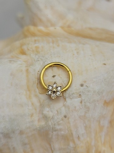 16G Clear CZ flower gold hinged segment ring 5/16 Septum Cartilage ...