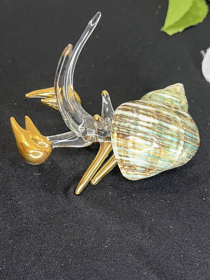 🔥 Art Glass HERMIT CRAB with Gold Details Marine Hand Blown, Real Shell ...
