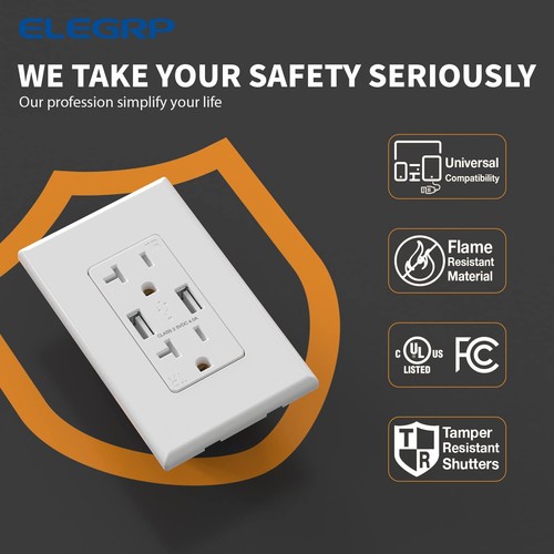 ELEGRP USB Wall Outlet - Dual 4.0A USB Ports, 20A Tamper Resistant ...