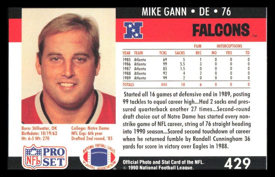 1990 Pro Set Mike Gann #429 Atlanta Falcons Football Card | eBay