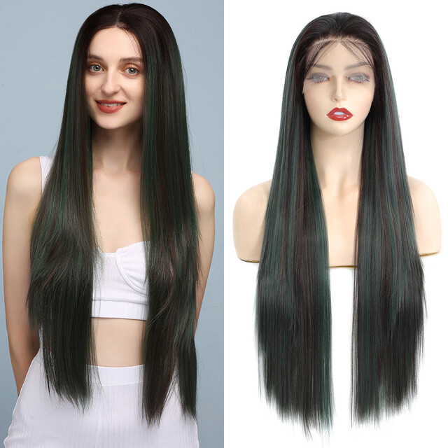 Long Straight Lace Front Wig Women Brown Gray Blue Gradient Wigs ...