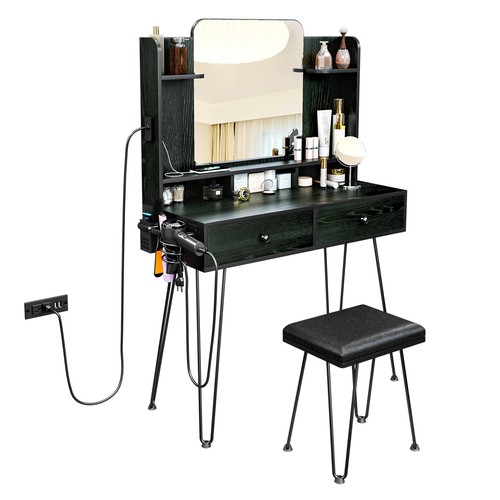 Black Makeup Dressing Table Vanity Desk with Drawers Mirror+ Stool ...