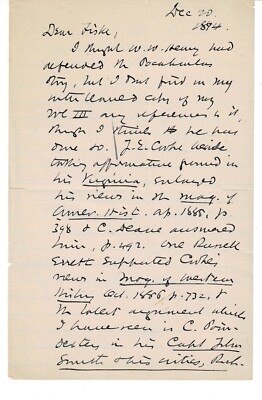 1894 AUTOGRAPH LETTER by historian JUSTIN WINSOR to JOHN FISKE re ...