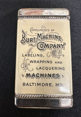 VINTAGE CELLULOID ADVERTISING MATCH SAFE BURT MACHINE CO. PICTURE OF ...