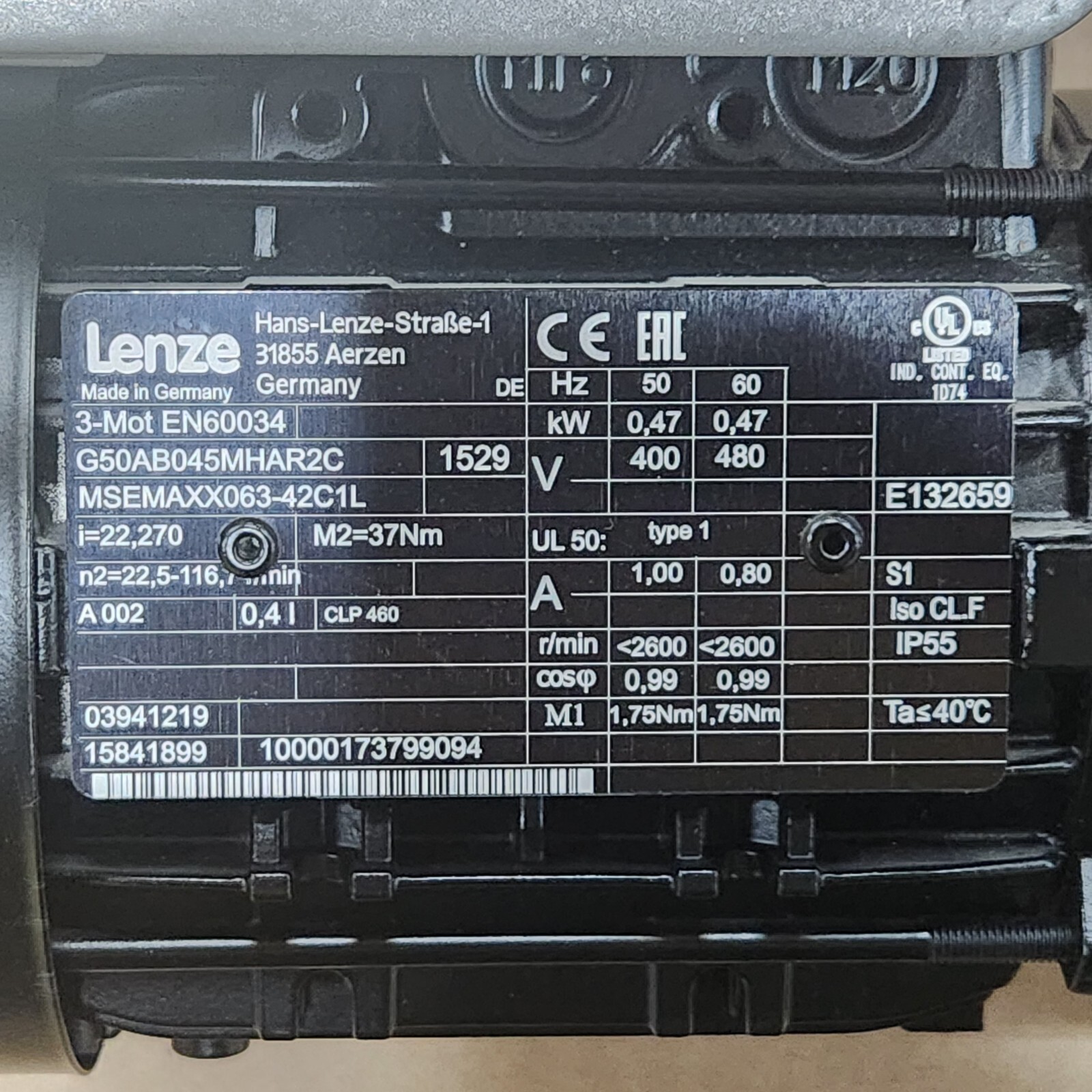 Lenze Smart motor G50AB045MHAR2C Gearmotor 22.5-116.7rpm 3ph 0.47kW ...