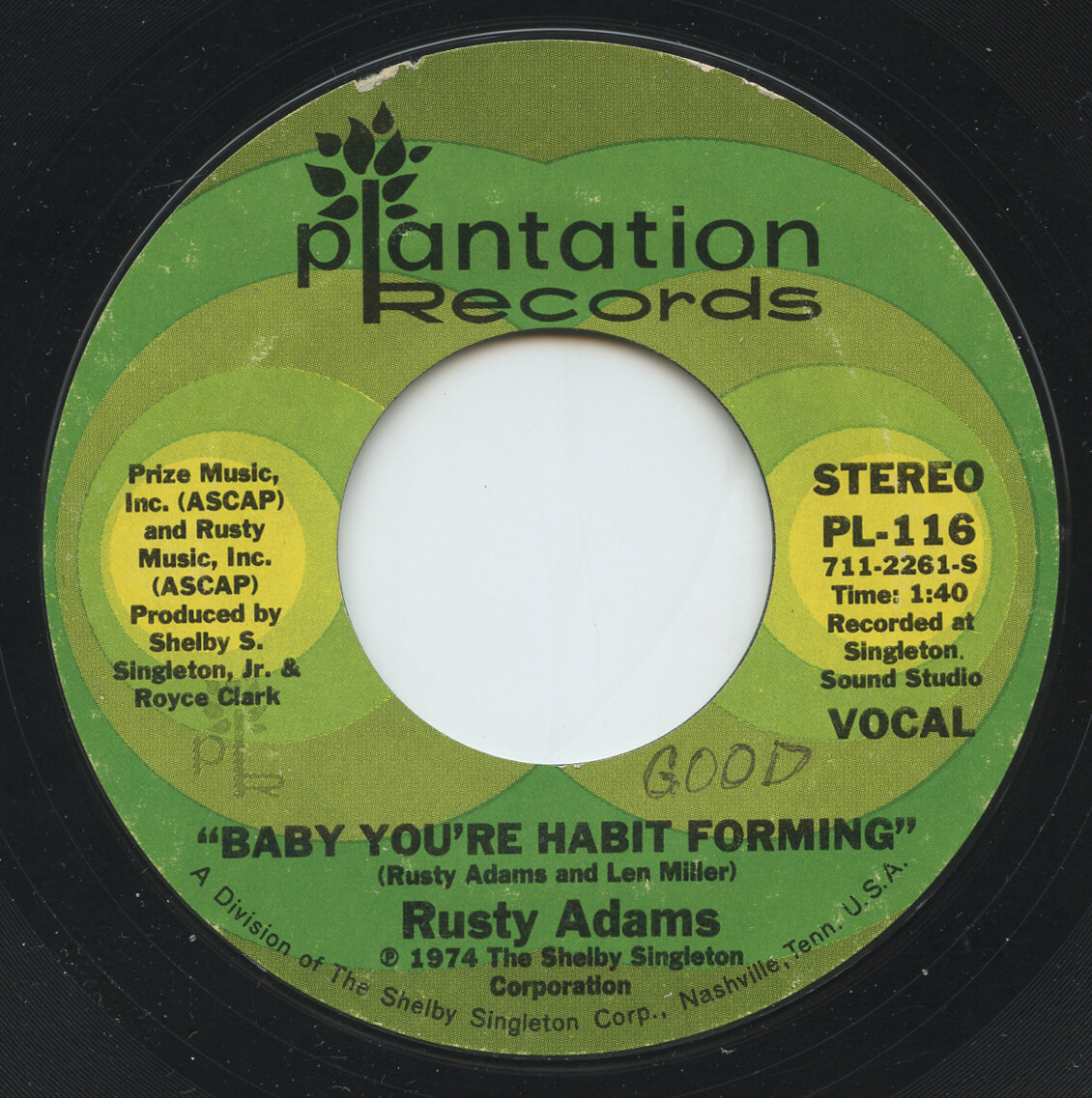 Rare Country 45- Rusty Adams- Baby You're Habit Forming- Plantation ...