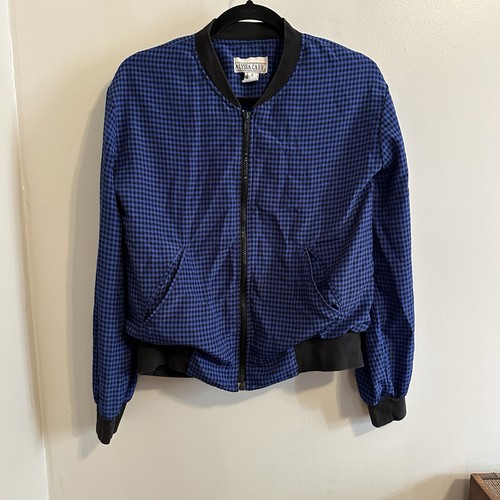 Vintage Blue French Tweed Houndstooth Bomber Zip Jacket Sz S | eBay UK