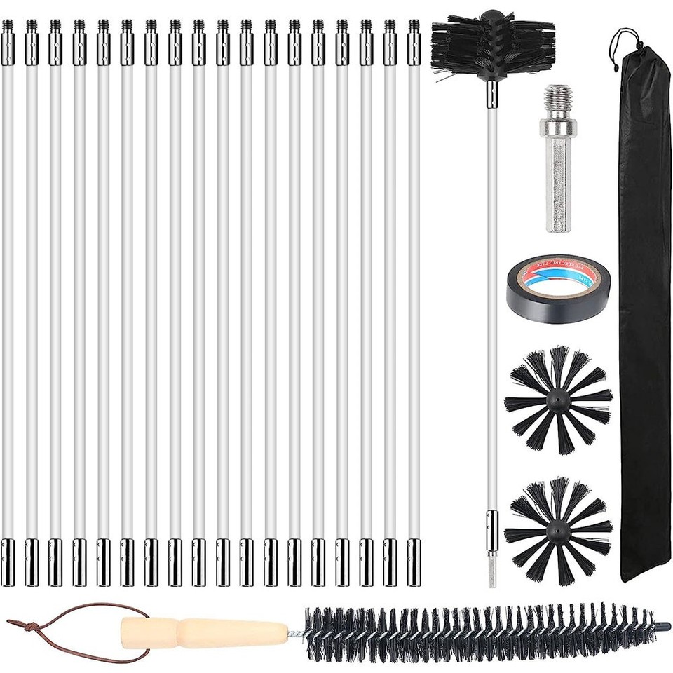 24Pcs Chimney Sweep Set Flue Sweeping Brush & Rod Kit Soot Cleaning ...