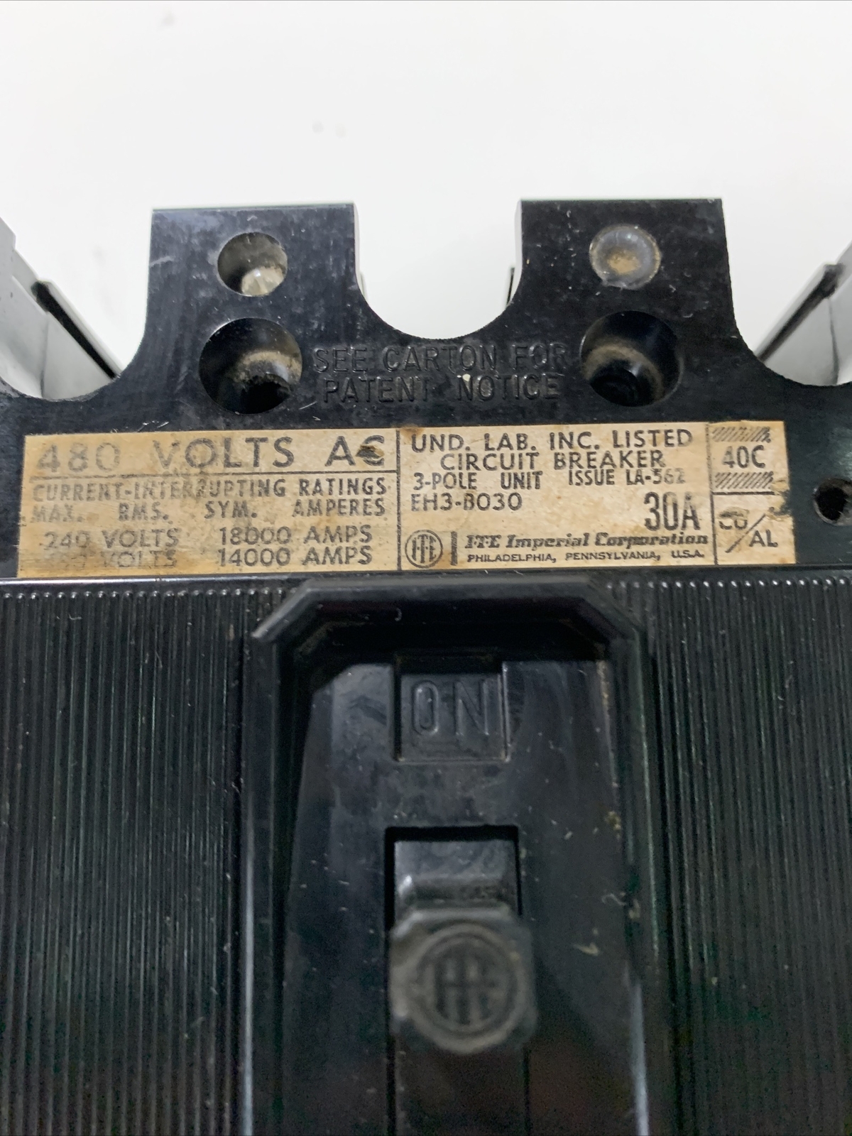 ITE IND CIRCUIT BREAKER, EH3-B030, 30 A, 3 P, EH TYPE, 277V, 14 kA@ 480 ...