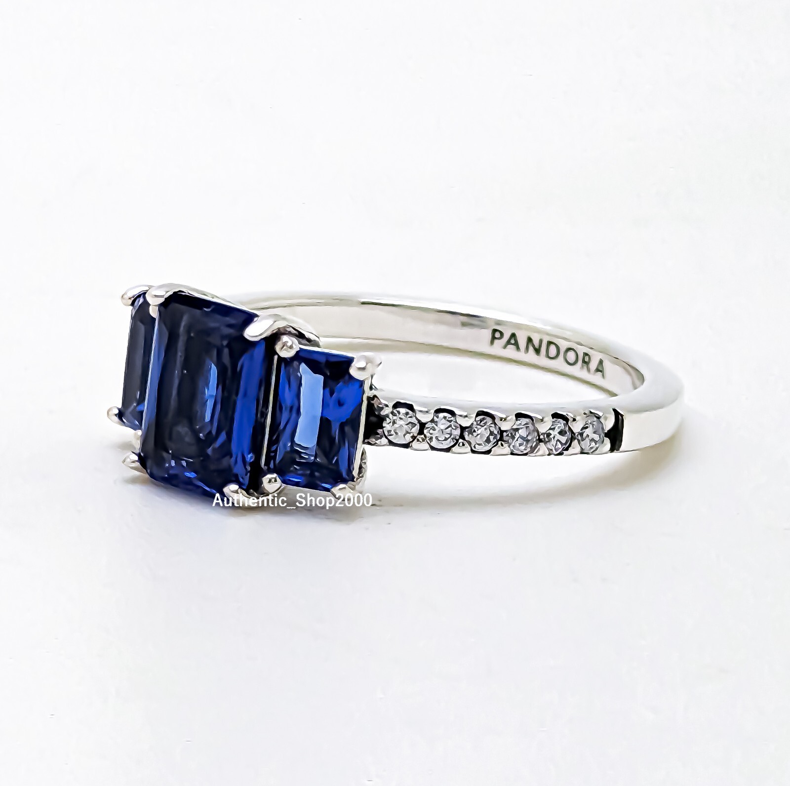 NEW Authentic PANDORA 925 Blue Rectangular Three Stone Sparkling Ring ...