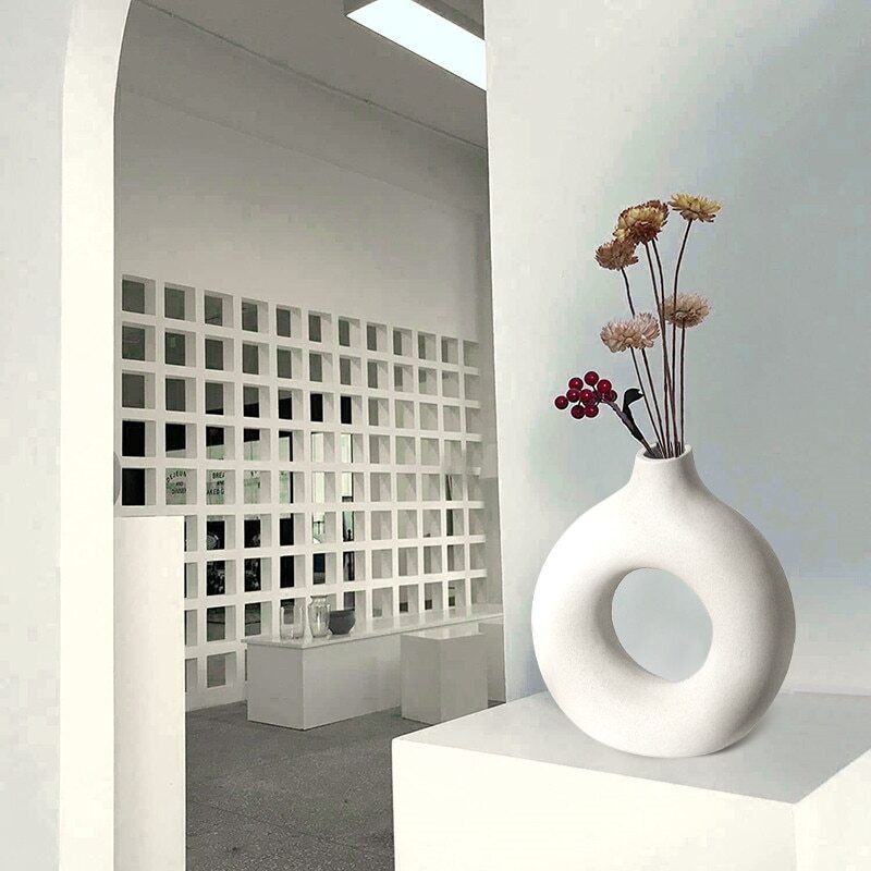 Nordic Vase Circular Hollow Ceramic Donuts Flower Pot Home Living Room ...