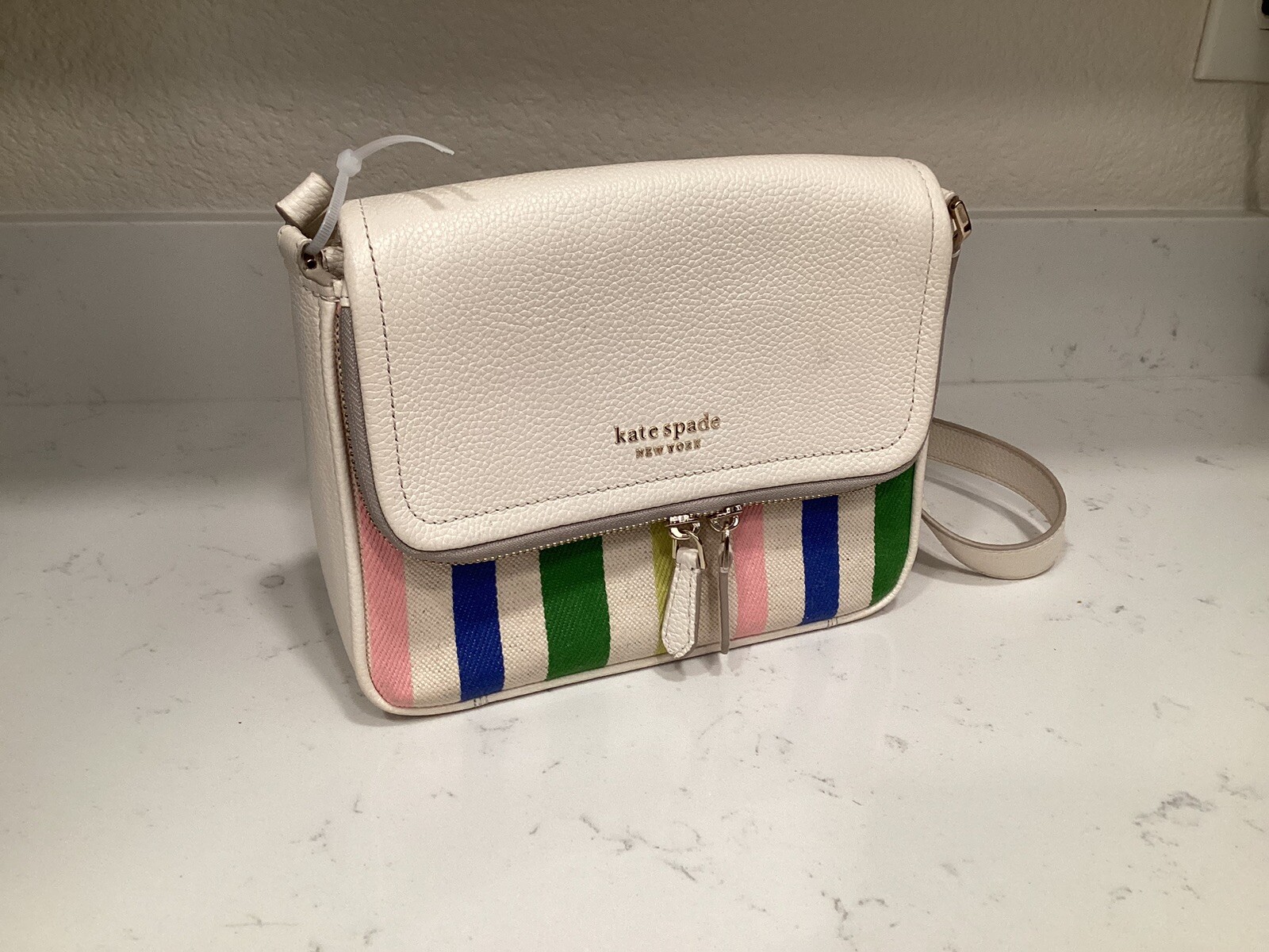 KATE SPADE WHITE LEATHER HANDBAG WITH PATTERN STRIPED CANVAS | eBay