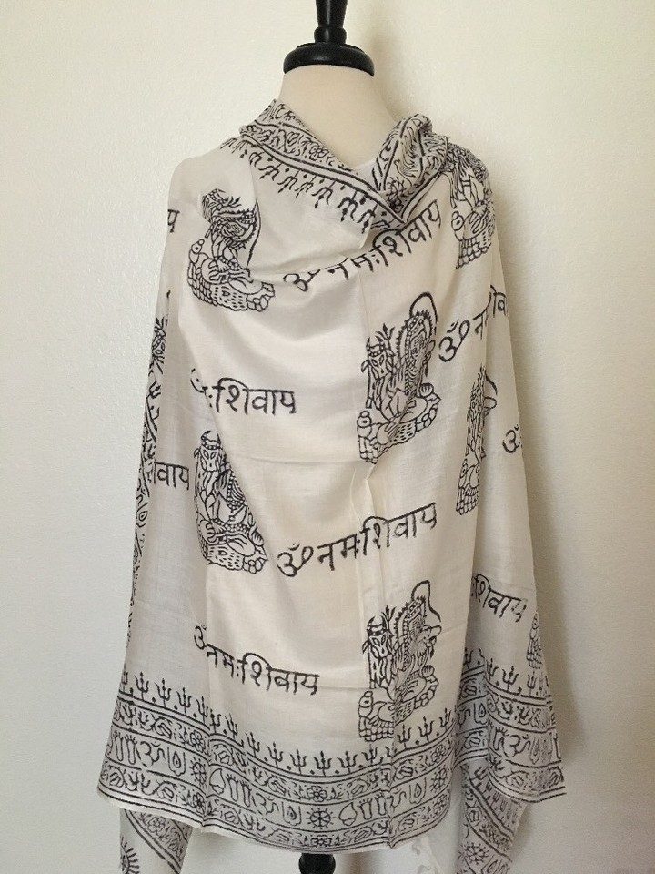 Om Yoga Meditation Shawl Scarf Hippie Prayer Cotton White Nepal ...