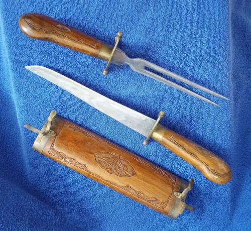 Vintage Indian Carving Set Knife & Fork with Carved Wood and Brass ...
