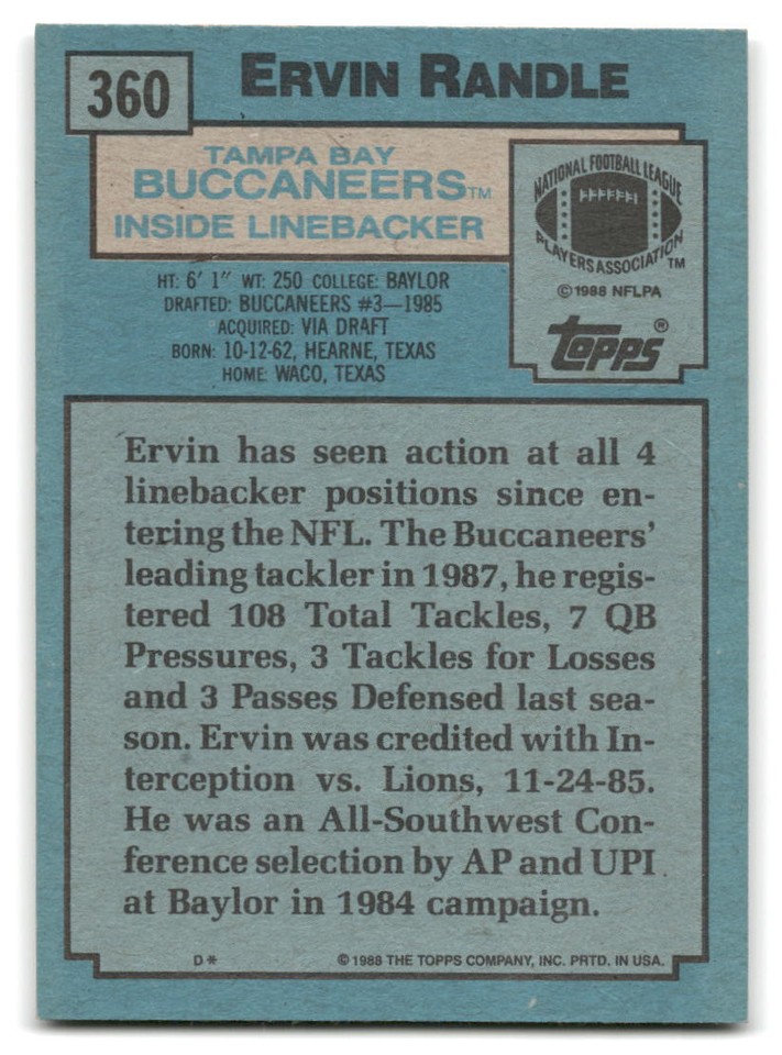 Ervin Randle 1988 Topps FOOTBALL #360 Tampa Bay Buccaneers Rookie RC | eBay