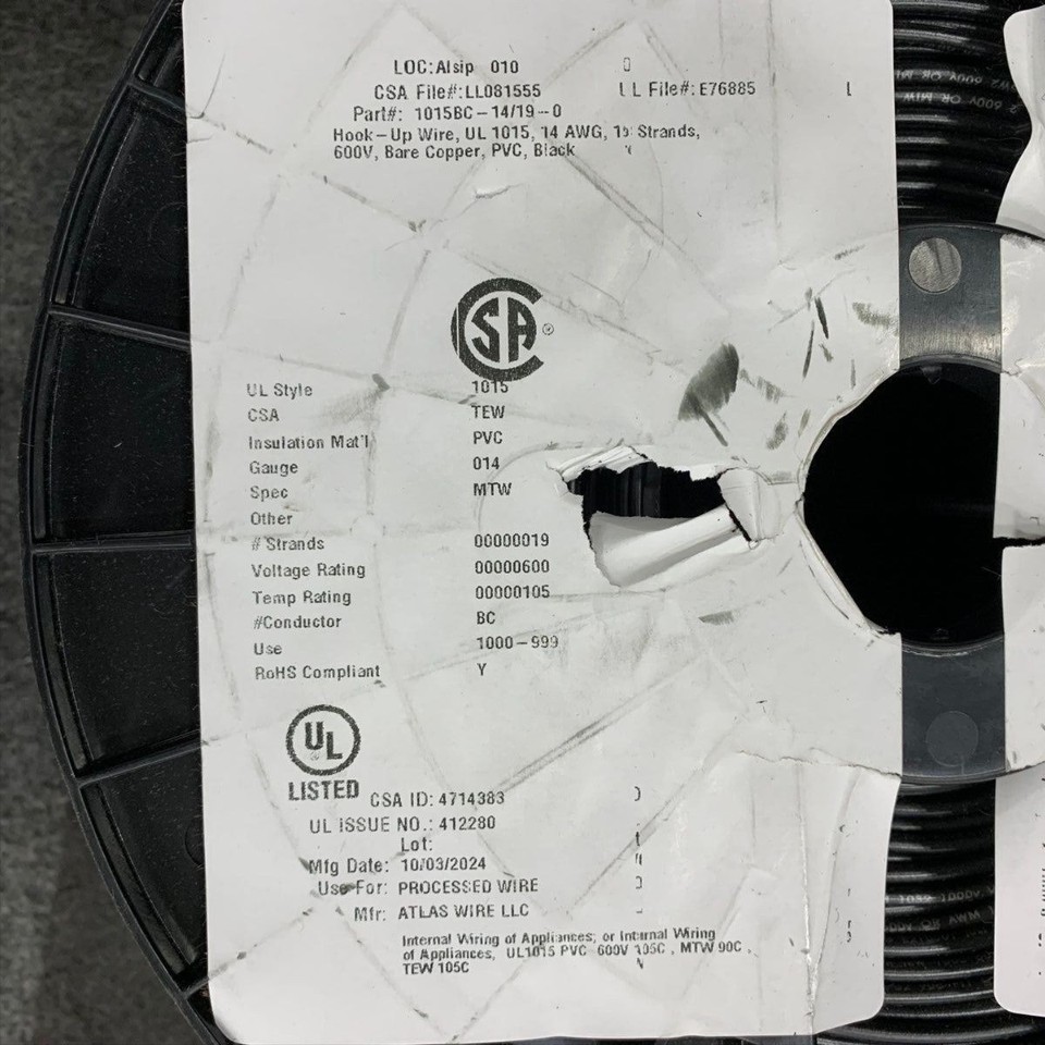 ATLAS WIRE LLC 1000 ft Hook-up Wire 14 AWG 19 Strand 105C PVC, 1015BC ...