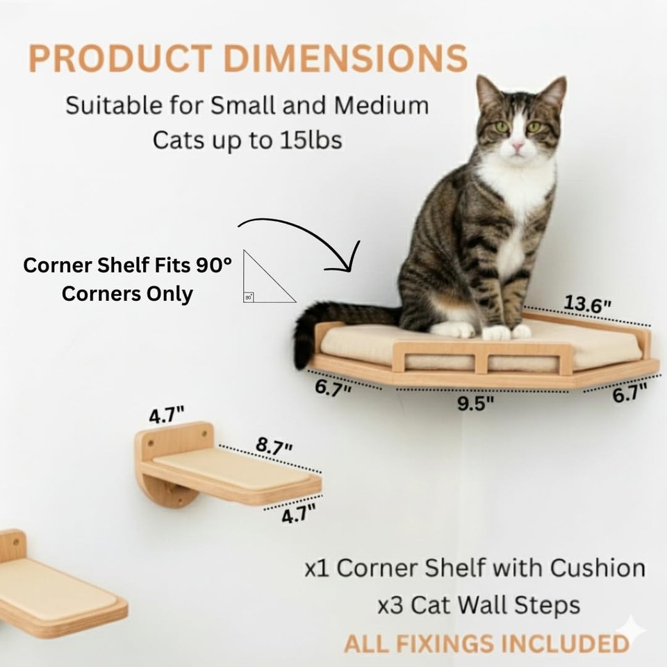 Cat Wall Shelves - Stylish 3-Step Wooden Floating Shelf for Cats up to ...