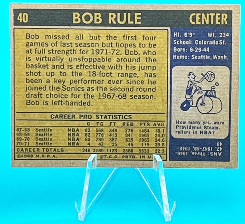1971-72 TOPPS NBA BASKETBALL CARD #40 BOB RULE SEATTLE SUPERSONICS - NM ...