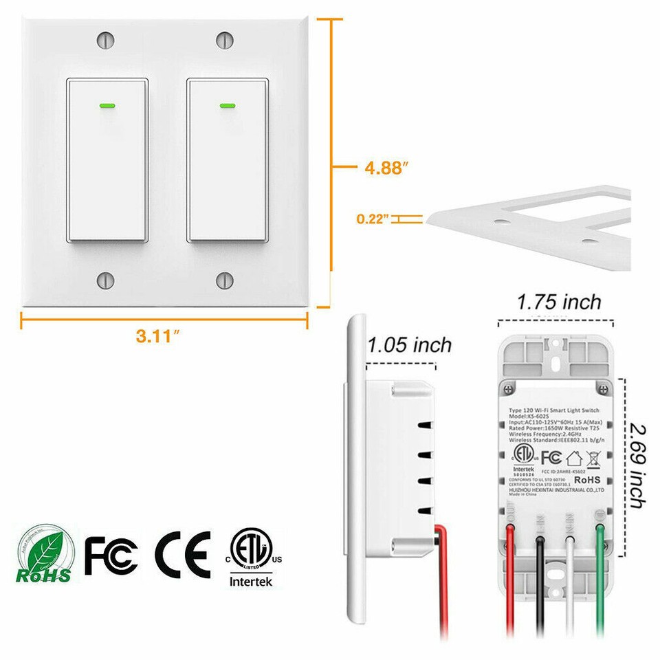 Wi-Fi Smart Light Switch Work w Alexa&Google Voice Remote Control 2 ...
