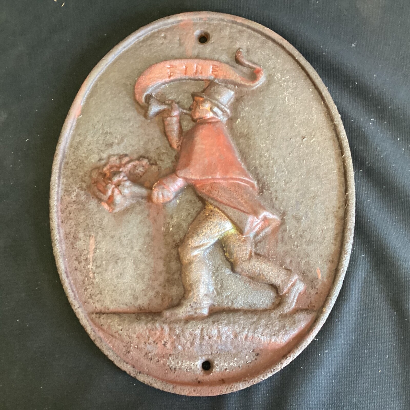 Antique Cast Iron Fire Insurance Plaque Fireman with Trumpet Original ...