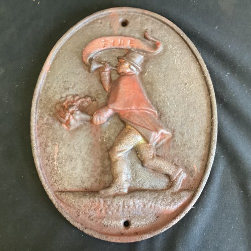 Antique Cast Iron Fire Insurance Plaque Fireman with Trumpet Original ...