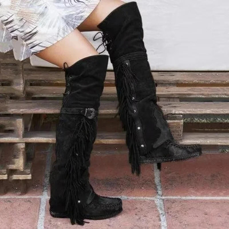 Women Tassel Knee High Boots Round Toe Buckle Strap Winter Shoes Boho ...