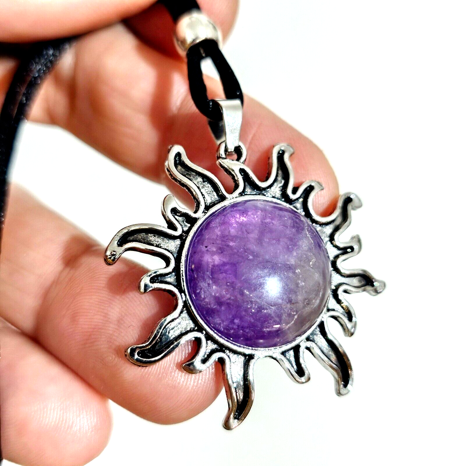 Amethyst Sun Pendant Gemstone Purple Crystal Healing Chakra Tie Cord ...