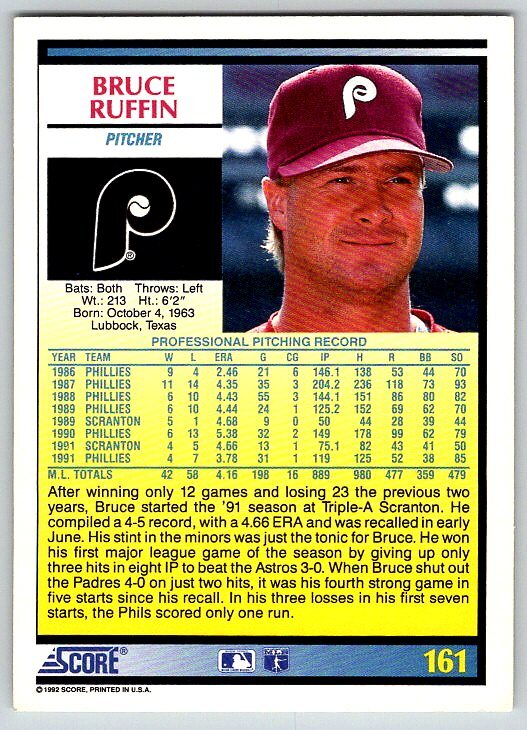 1992 Score Bruce Ruffin Philadelphia Phillies #161 FM | eBay