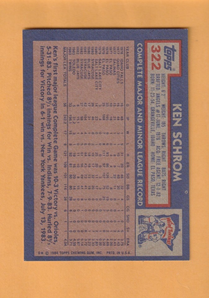 Ken Schrom Minnesota Twins AUTO Signed 1984 Topps Grangeville Idaho 2C ...