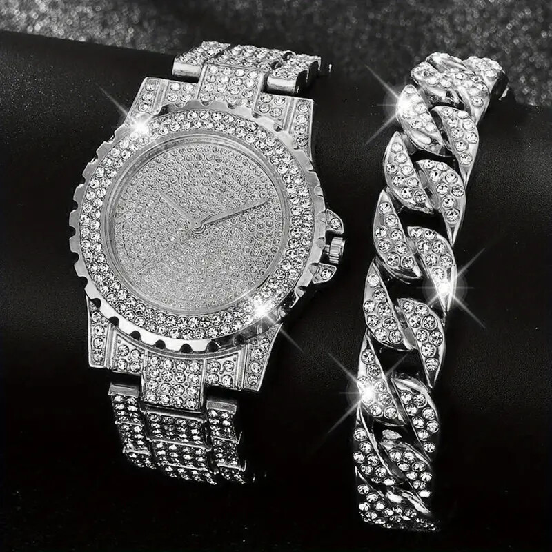 HIP HOP FULL ICED LUXURY SIMULATED DIAMOND SILVER WATCH & CUBAN ...