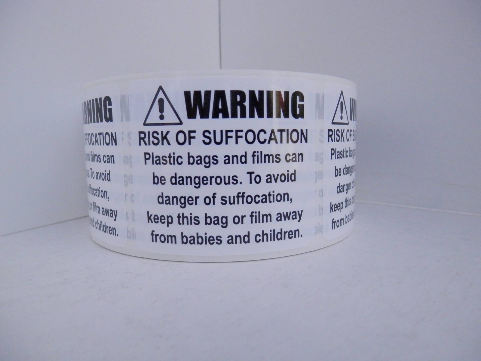 RISK OF SUFFOCATION FBA warning label sticker white bkgd 12 pt print ...