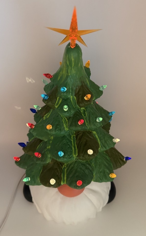 Vintage 15” Ceramic Lighted Green Gnome Christmas Tree ~ Removable ...