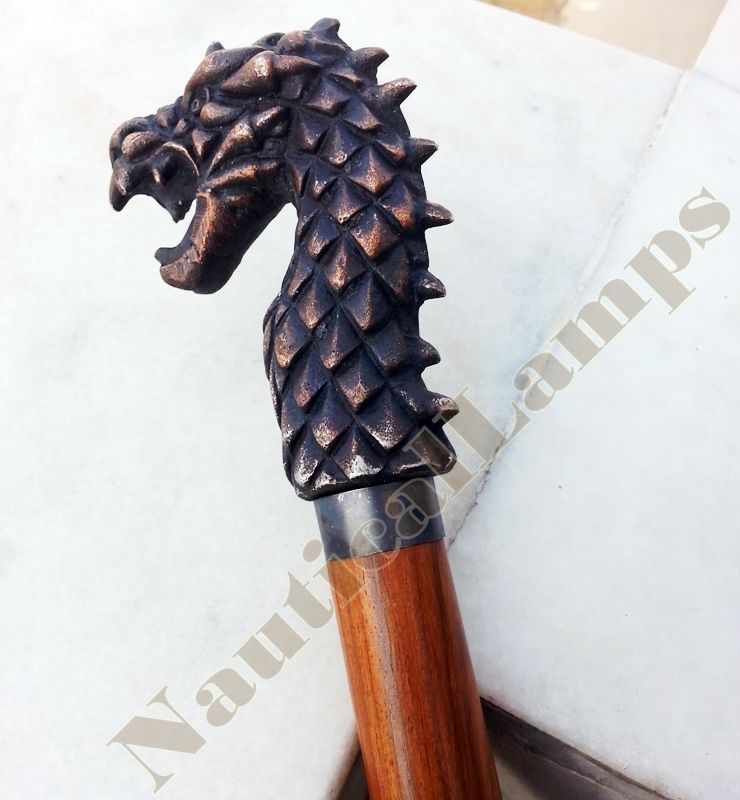 Antique Brass Dragon Head Handle Brown Vintage Wooden… - Gem