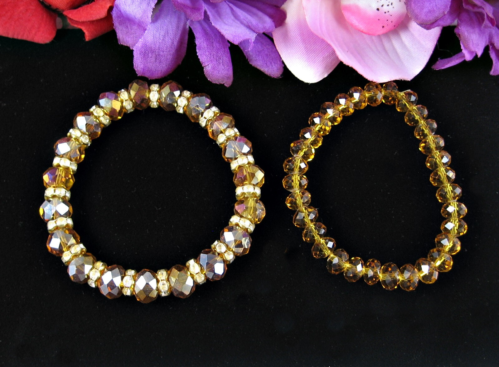 Pair AB AMBER CRYSTAL GLASS BEAD BRACELETS Vintage Rh… - Gem