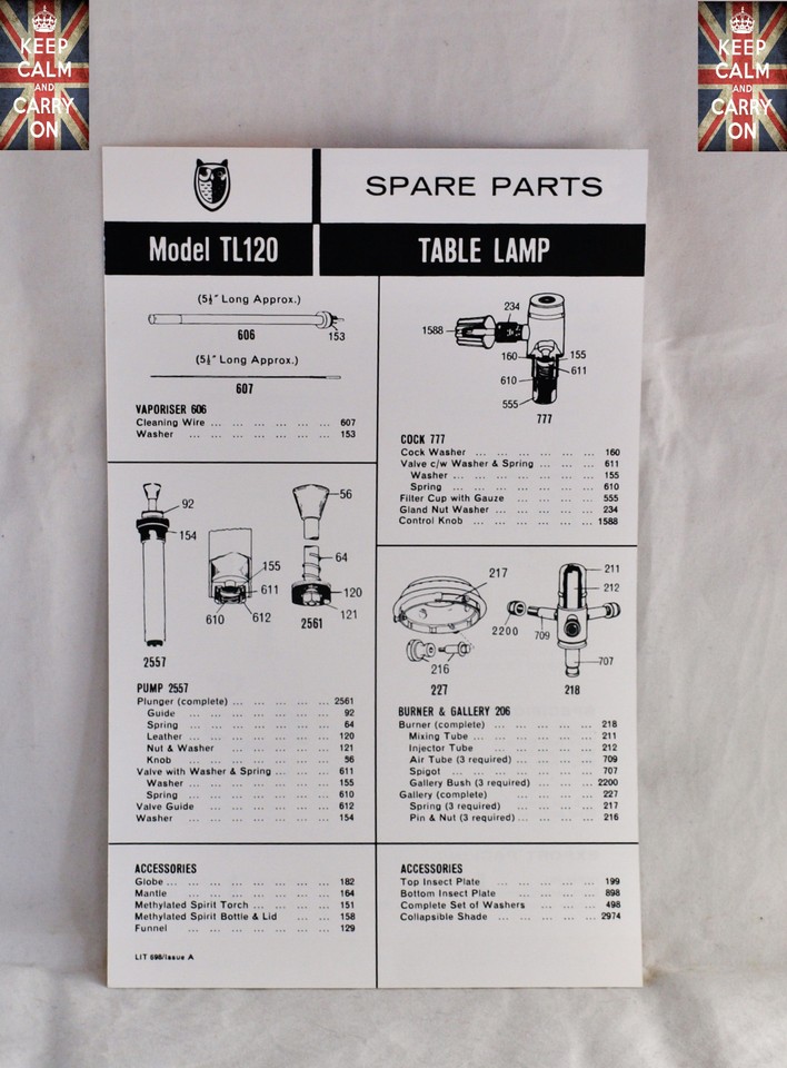 TILLEY LAMP TL120 SPECIFICATIONS AND SPARE PARTS LIST LEAFLET | eBay