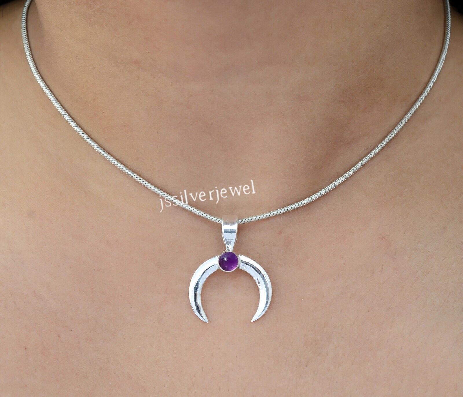 Amethyst Gemstone 925 Sterling Silver Half Moon Pendant Necklace / Hp ...