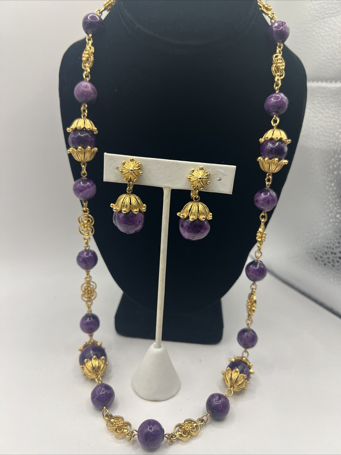 Rg3- Vintage Gilt Grape Purple Beaded Necklace & Clip… - Gem