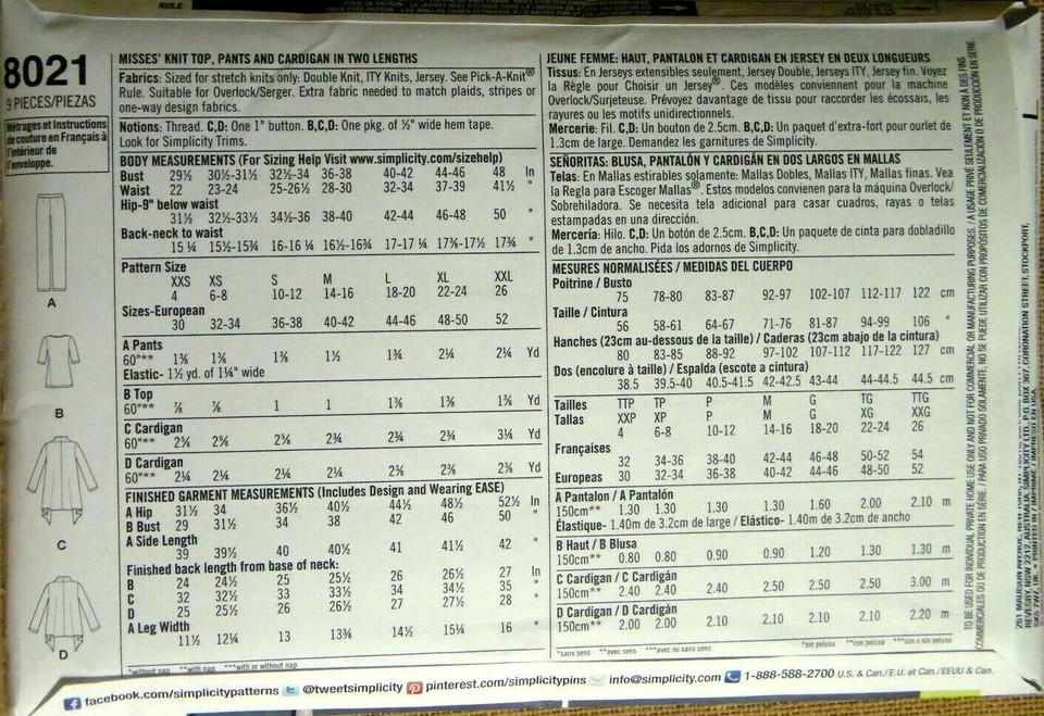SIMPLICITY PATTERN 8021 CARDIGAN PANTS MISSES SIZES XXS XS SM M L XL ...