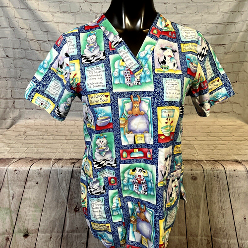 Cherokee Women's Size Small Dog Cat Chicken Soup Pockets V Neck Scrub ...