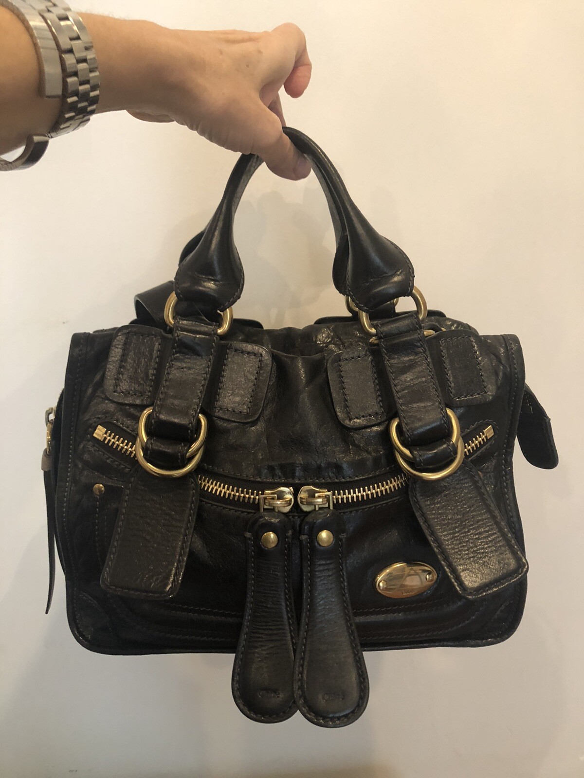 Chloe Medium Bay Satchel Zip Bag Pockets Black Leather - Gem