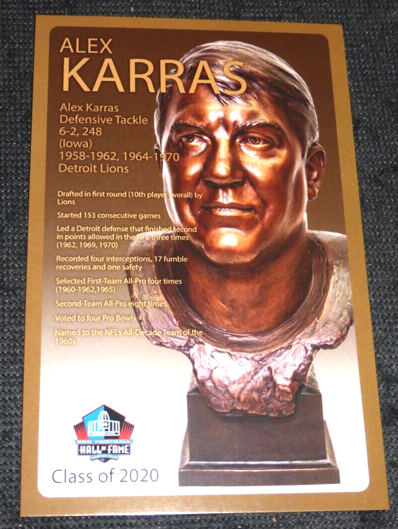 2020 Hall of Fame Class Bust Card ALEX KARRAS DETROIT LIONS IOWA ...