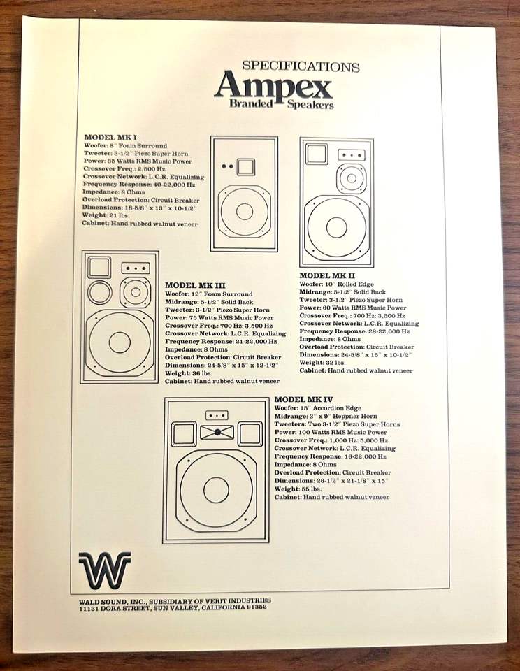 1970's Stereo Speaker Sheet Catalog Wald Sound Ampex Series Speakers ...