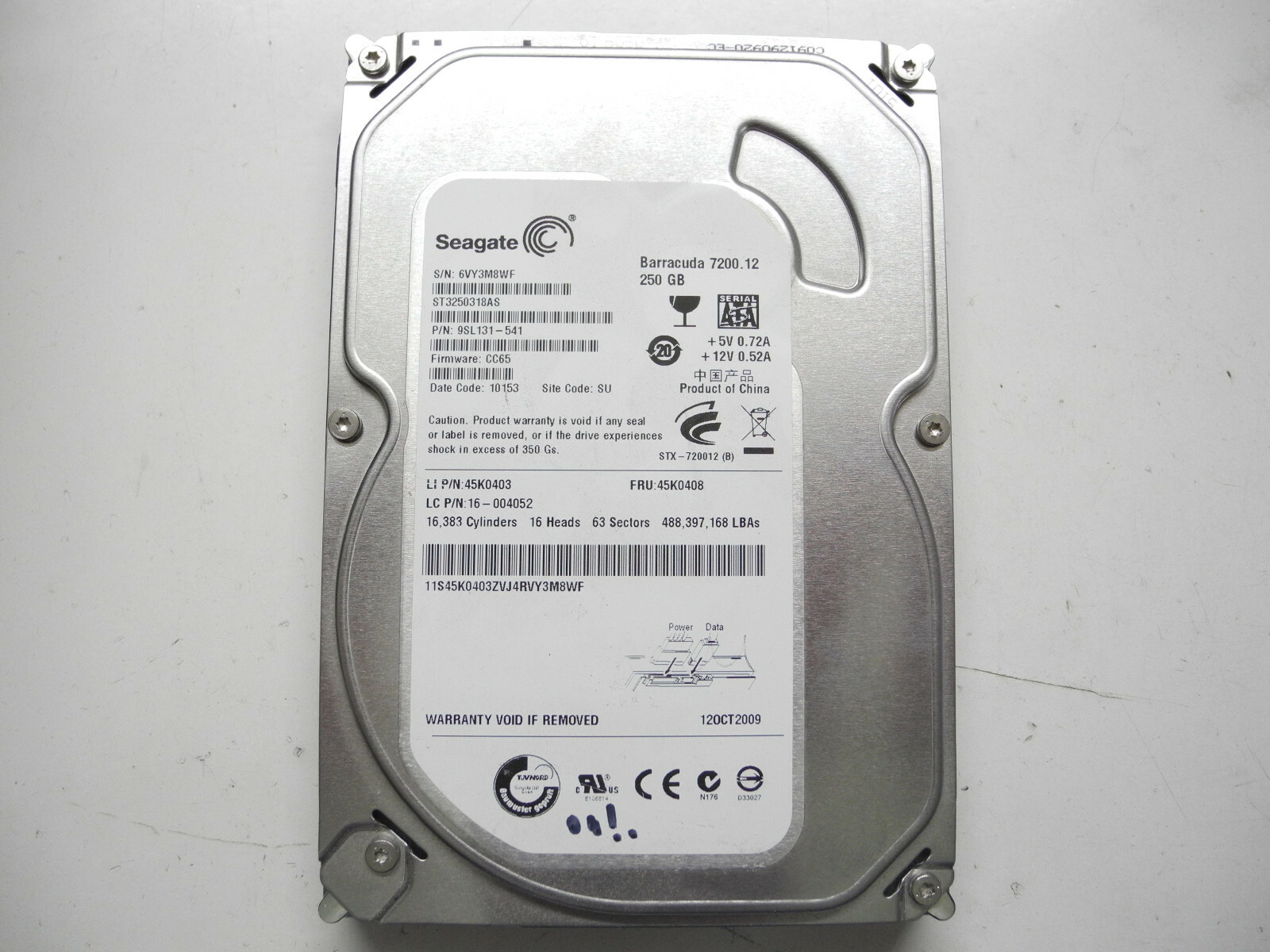 Seagate barracuda 7200.12 250gb ST3250318AS 100535704 Rev B CC65 HDD 3 ...