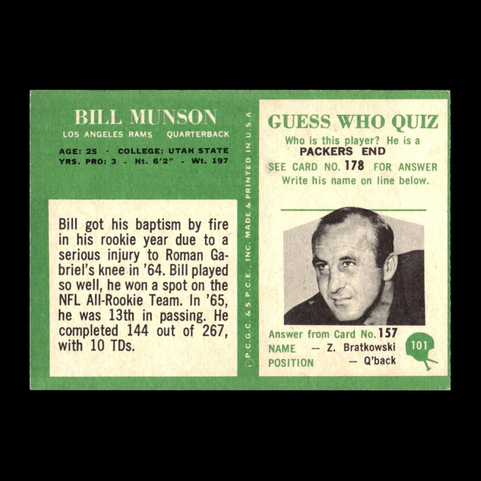 Bill Munson 1966 Philadelphia Los Angeles Rams #101 Great Vintage Look ...