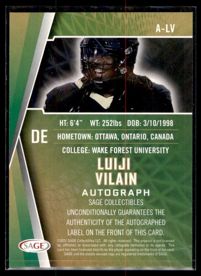 Luiji Vilain 2022 SAGE HIT RC Autograph Black Rookie Auto #A-LV Wake ...