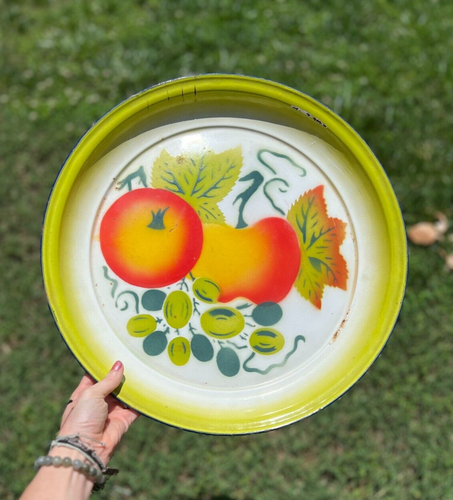 Vintage Large Round Metal Enamelware Tray Tomato Vegetable Design Red ...