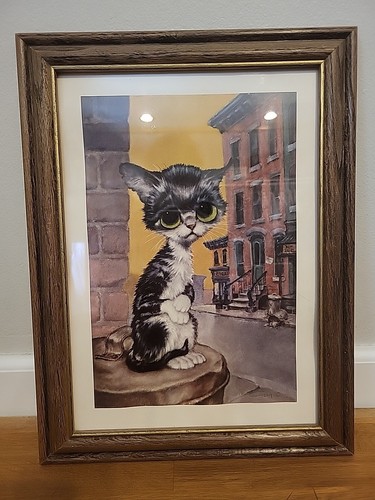 MCM VTG MARGARET KEANE PRINT SAD ALLEY CAT BIG EYES 1960's FRAMED GLASS ...