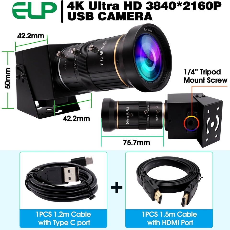 ELP 4K USB HDMI USB Camera Manual Zoom Webcam Variable Focus PC Camera ...