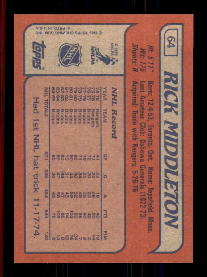 1985-86 Topps #64 Rick Middleton NM/NM+ Bruins 539384 | eBay