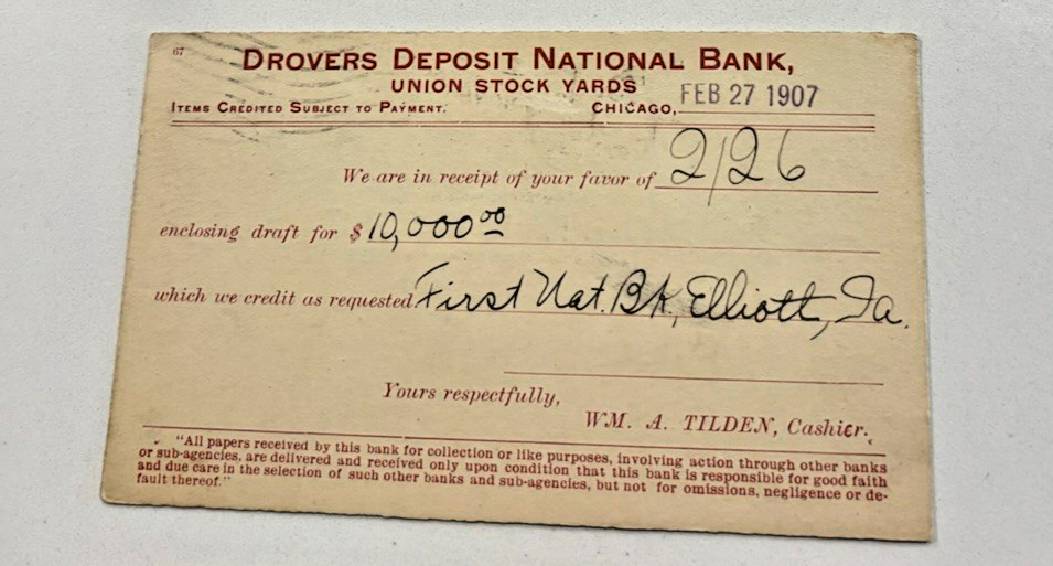 1907 McKinley Drovers Deposit 1ST National Bank Union Stock Yards ...